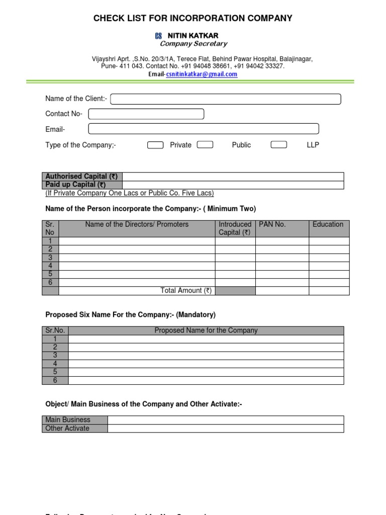 Check List For Incorporation of Company | PDF