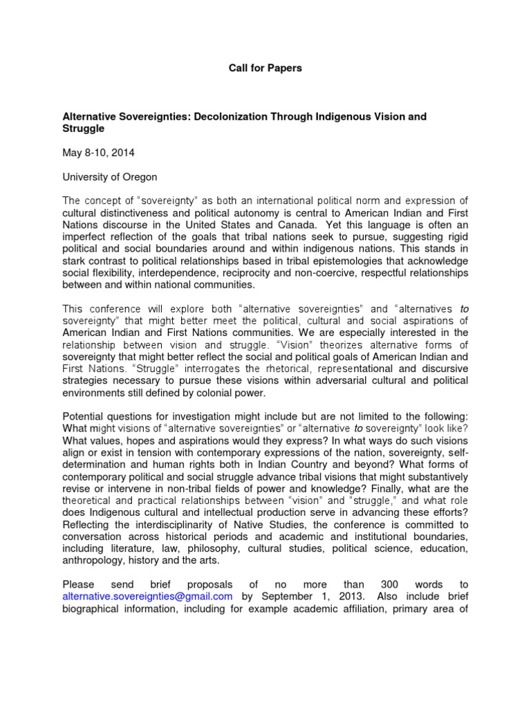 Call For Papers, Alternative Sovereignties: Decolonization Through ...