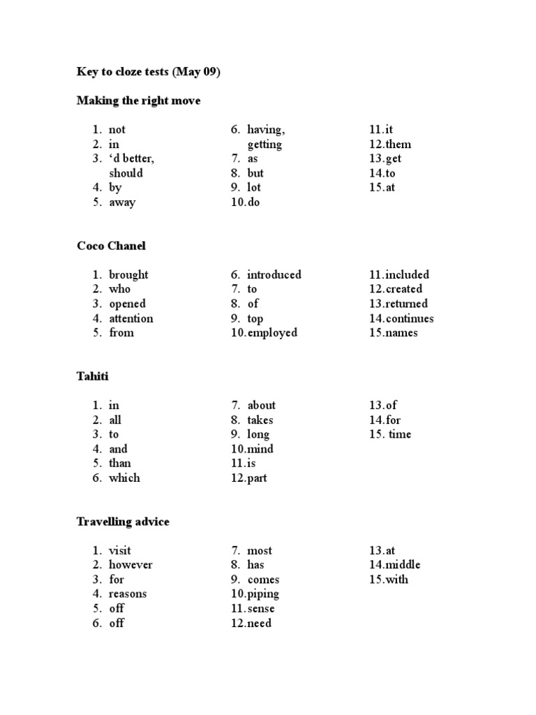 Key To Cloze Tests | PDF