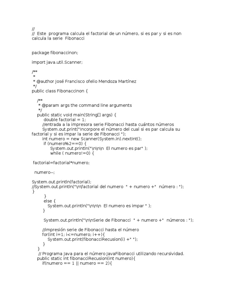 Programa Java Que Calcula El Factorial o La Serie Fibonacci | PDF
