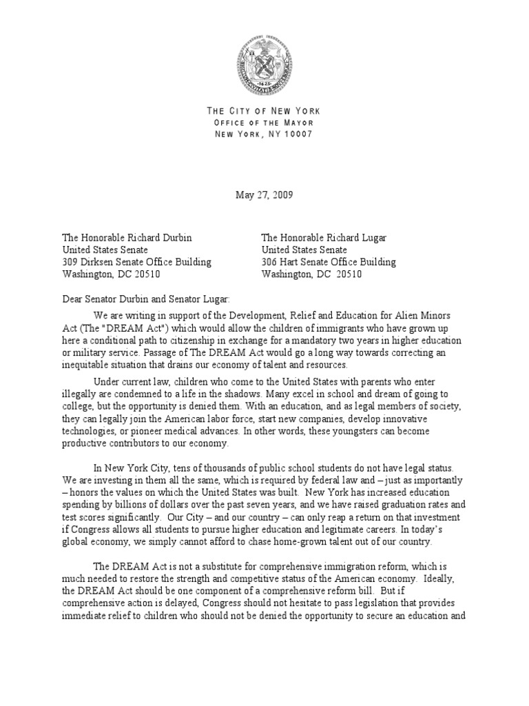 NYC Mayor Bloomberg Endorsement Letter of The DREAM Act | PDF