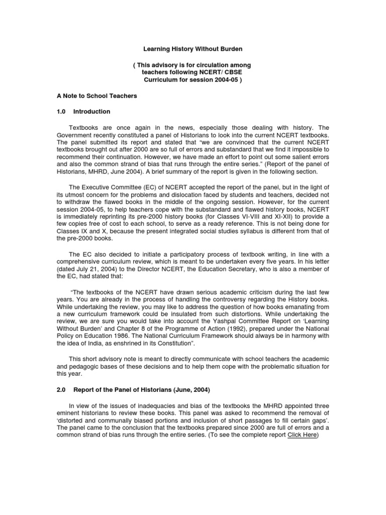 Learning History Without Burden - Ncert | PDF
