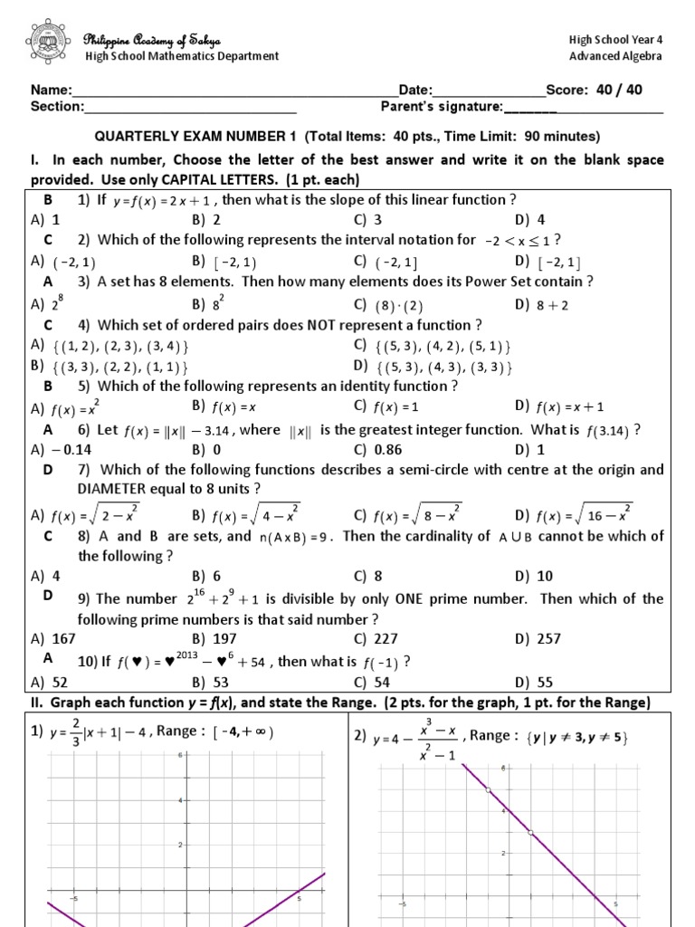 QUARTERLY EXAM 1 - Advanced Algebra - HS4 - Answer Key | PDF | Function ...