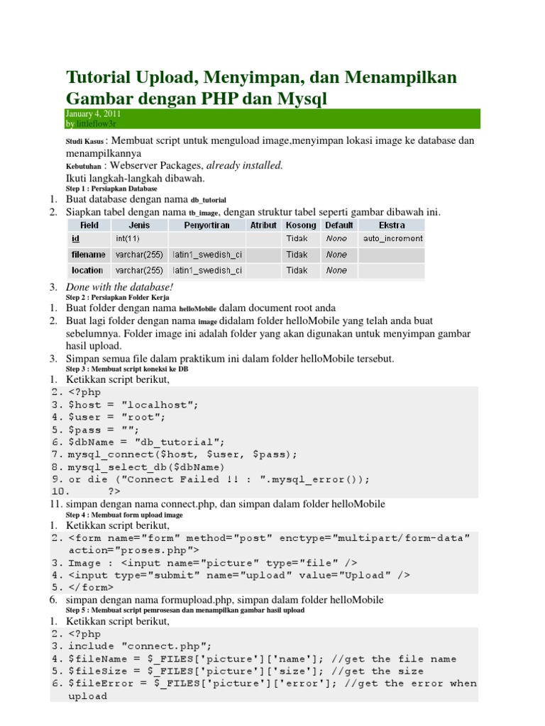 Tutorial Upload, Menyimpan, Dan Menampilkan Gambar Dengan PHP Dan Mysql | PDF