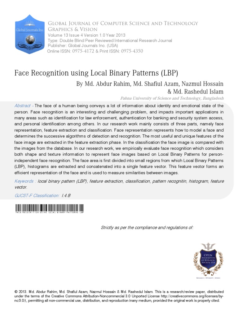 1 Face Recognition Using Local Binary Patterns Pdf Statistical Classification Areas Of
