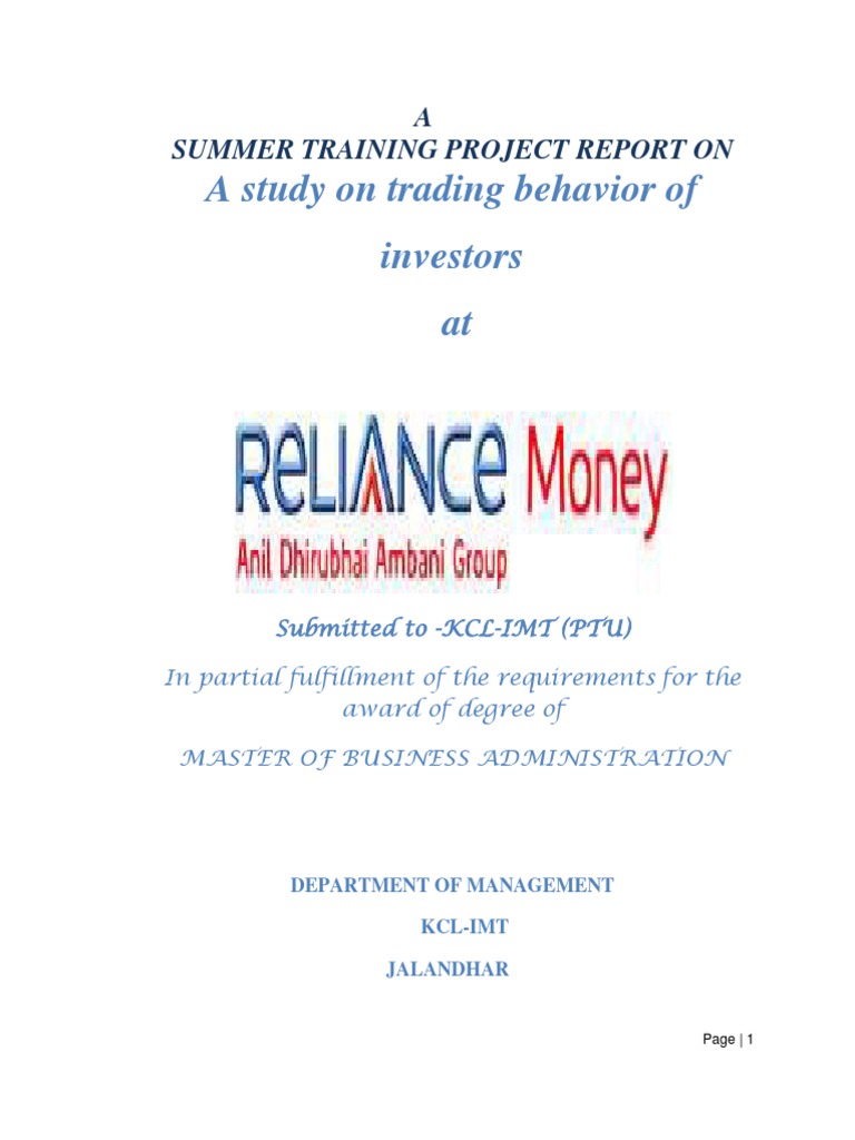 Reliance Money Project Report | PDF | Securities (Finance) | Stock Market