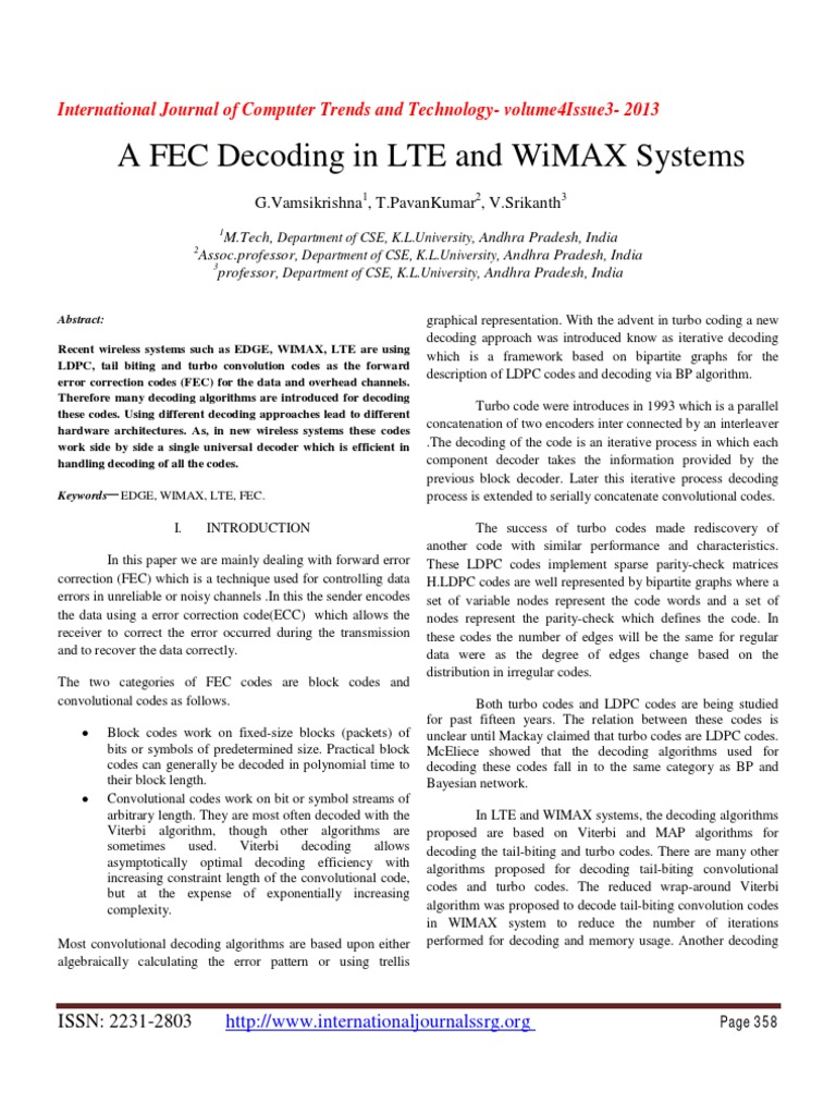 A FEC Decoding in LTE and WiMAX Systems | PDF | Forward Error ...