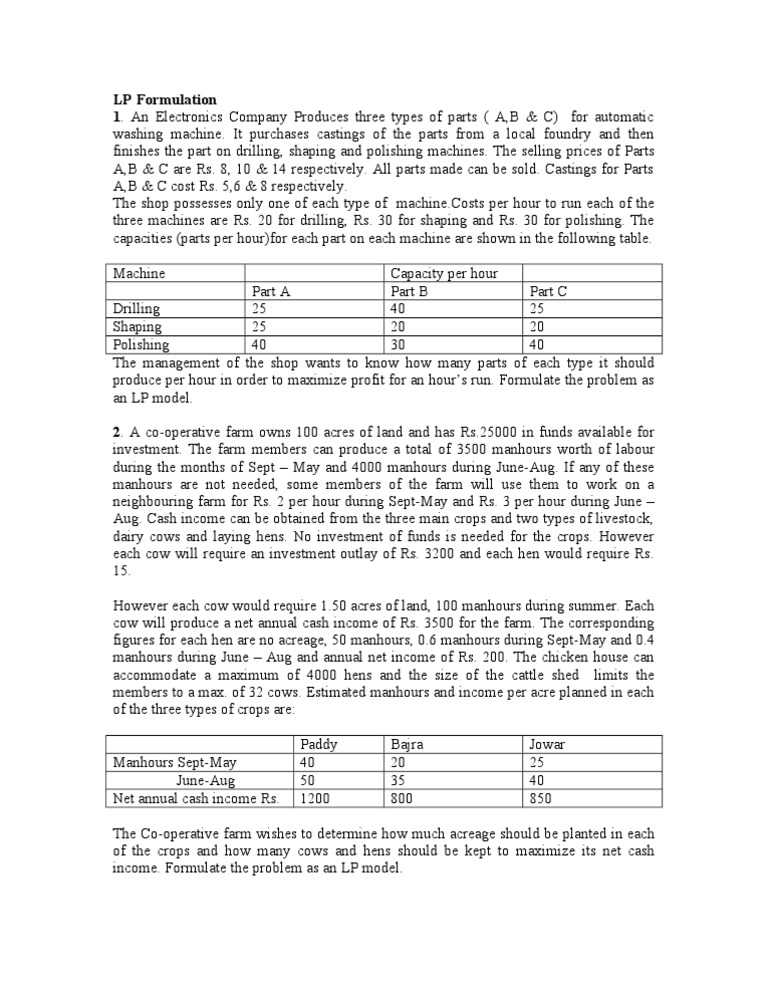 Linear Programing Formulation | PDF | Farms | Cattle