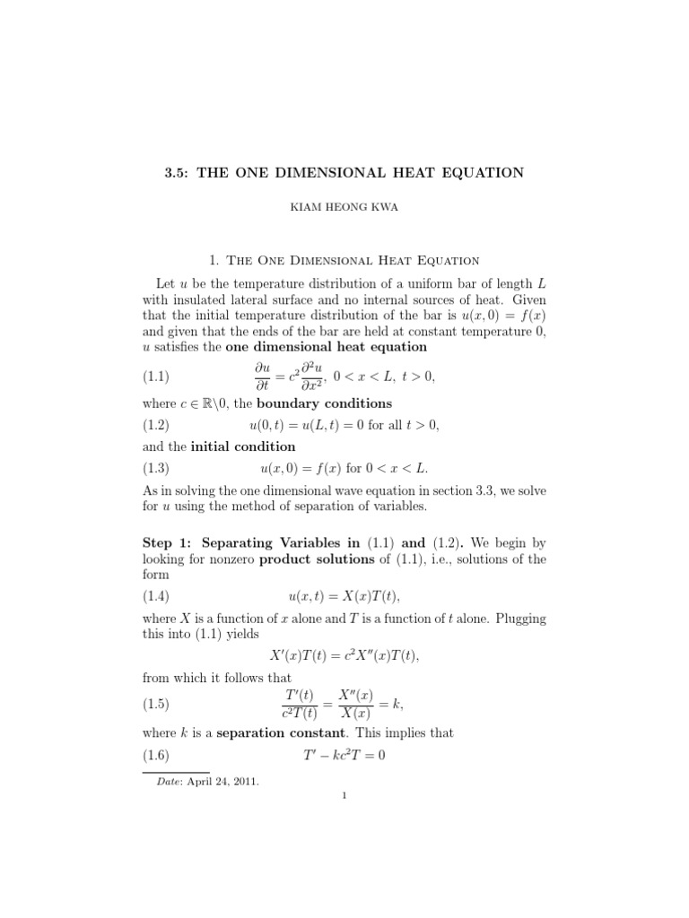 One-Dimensional Heat Equation - Notes 1 | PDF | Sine | Pi