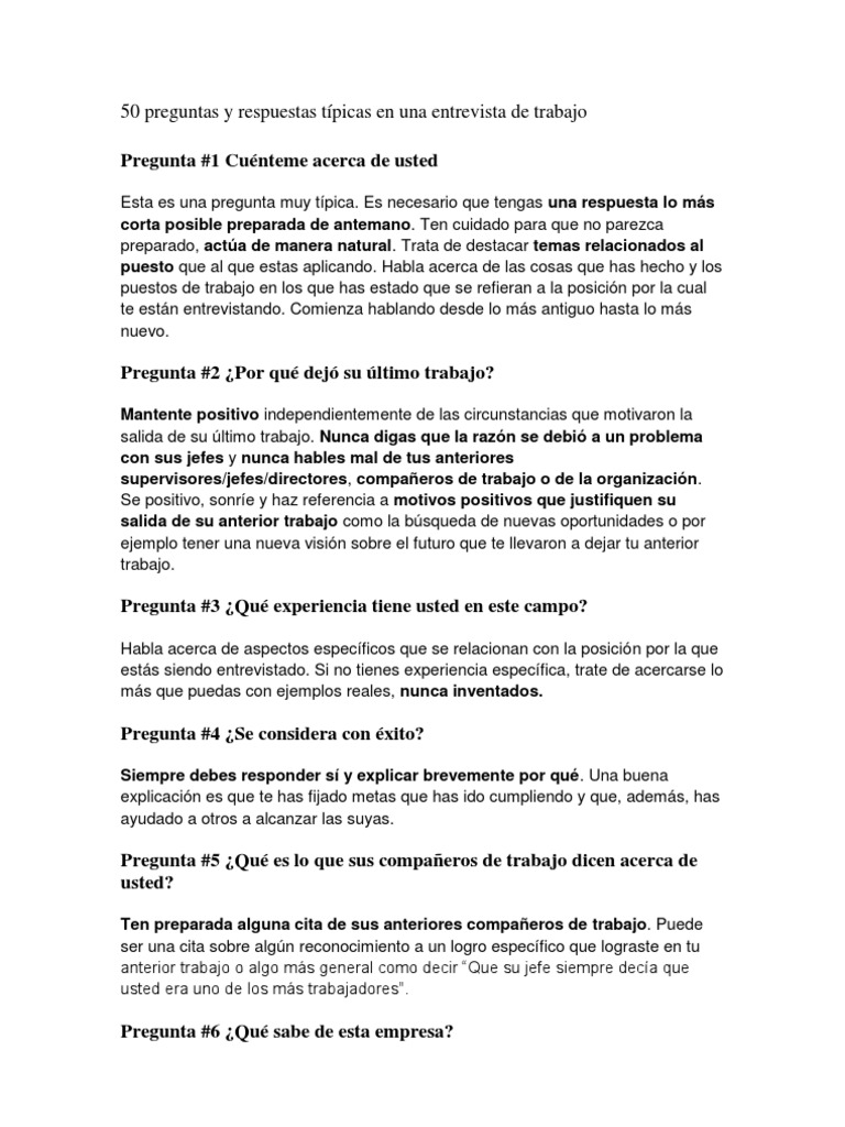 50 Preguntas y Respuestas Típicas en Una Entrevista de Trabajo ...