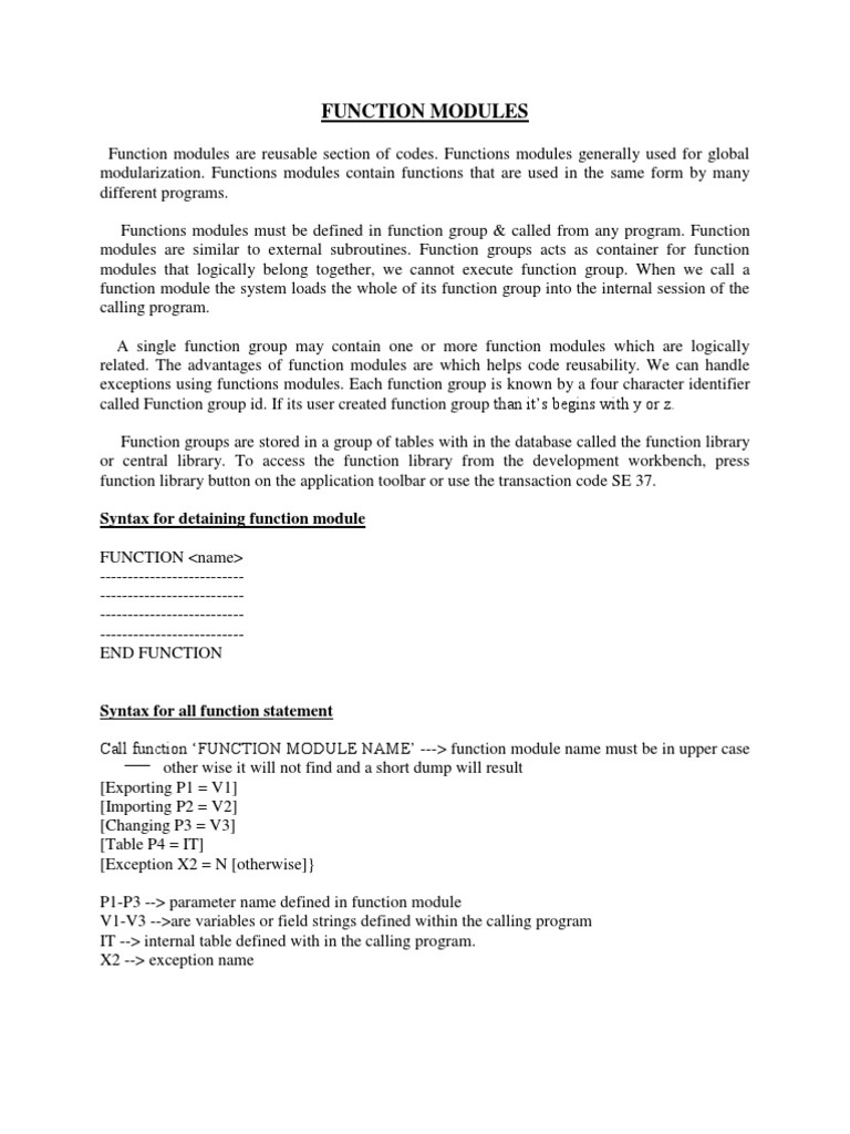 About Function Modules & Explanation | PDF | Subroutine | Parameter (Computer Programming)