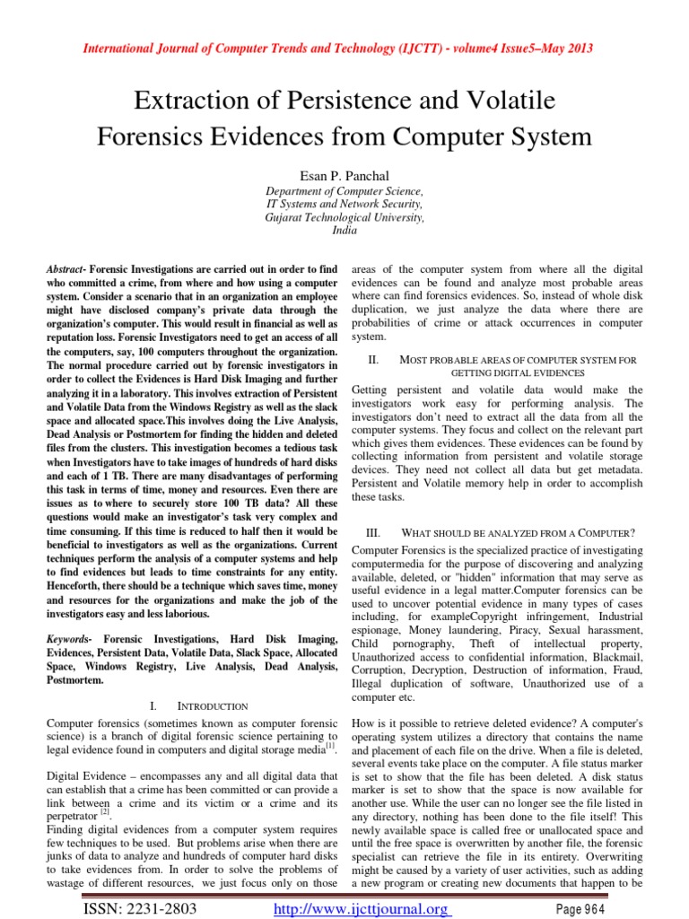 Extraction of Persistence and Volatile Forensics Evidences From Computer System | PDF | Computer ...