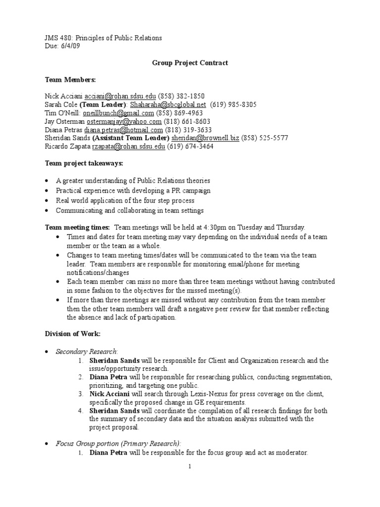 Group Contract Project 480 | PDF | Public Relations | Focus Group