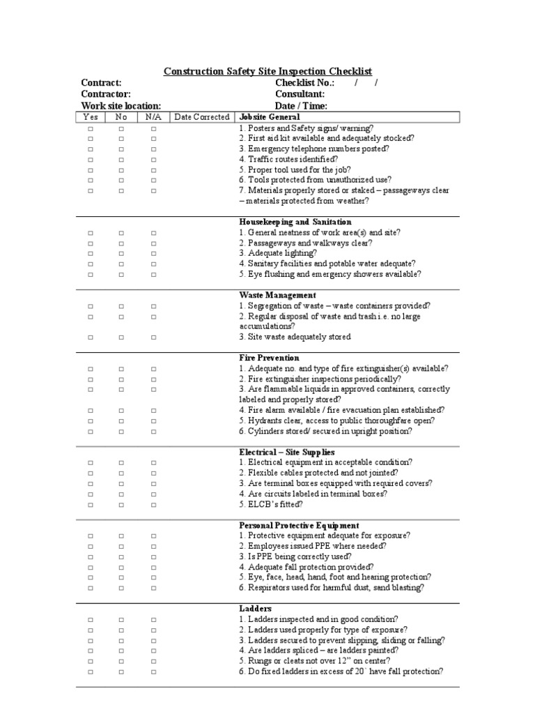 Construction Safety Inspection Checklist | PDF | Ladder | Personal ...