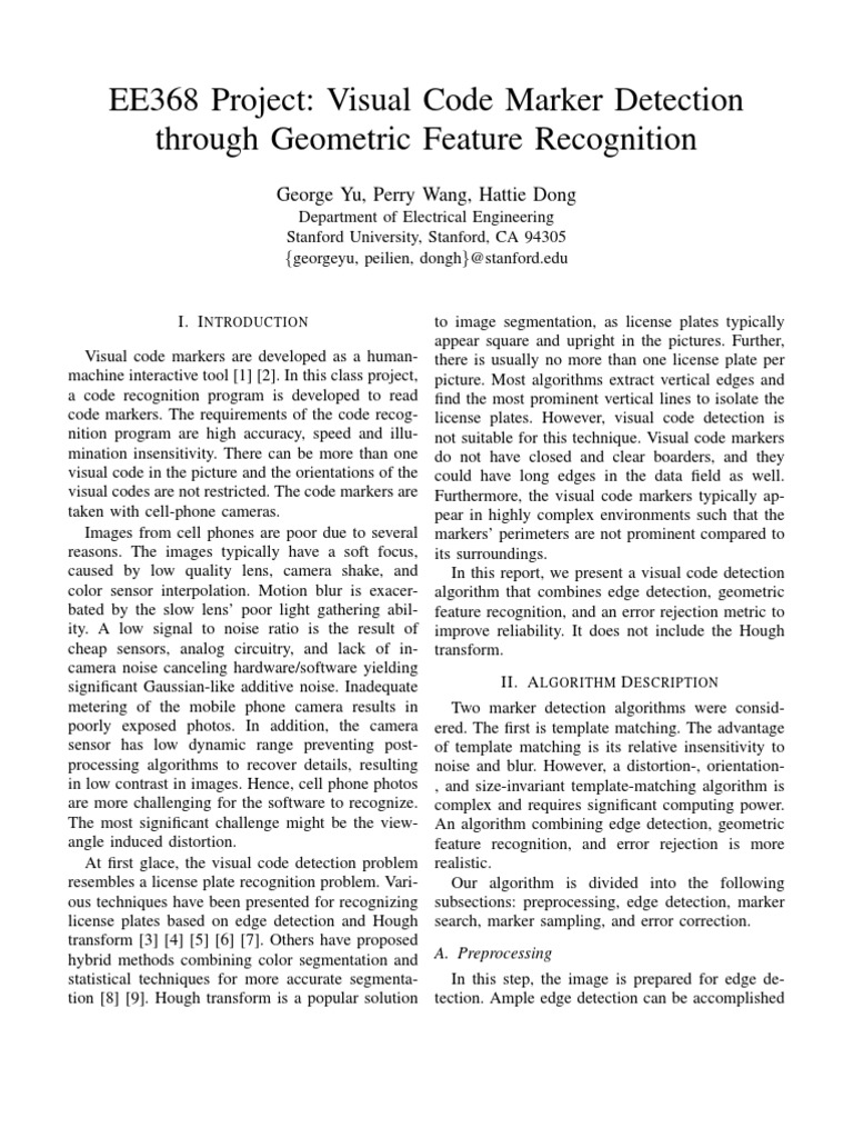 EE368 Project: Visual Code Marker Detection Through Geometric Feature Recognition | PDF | Image ...