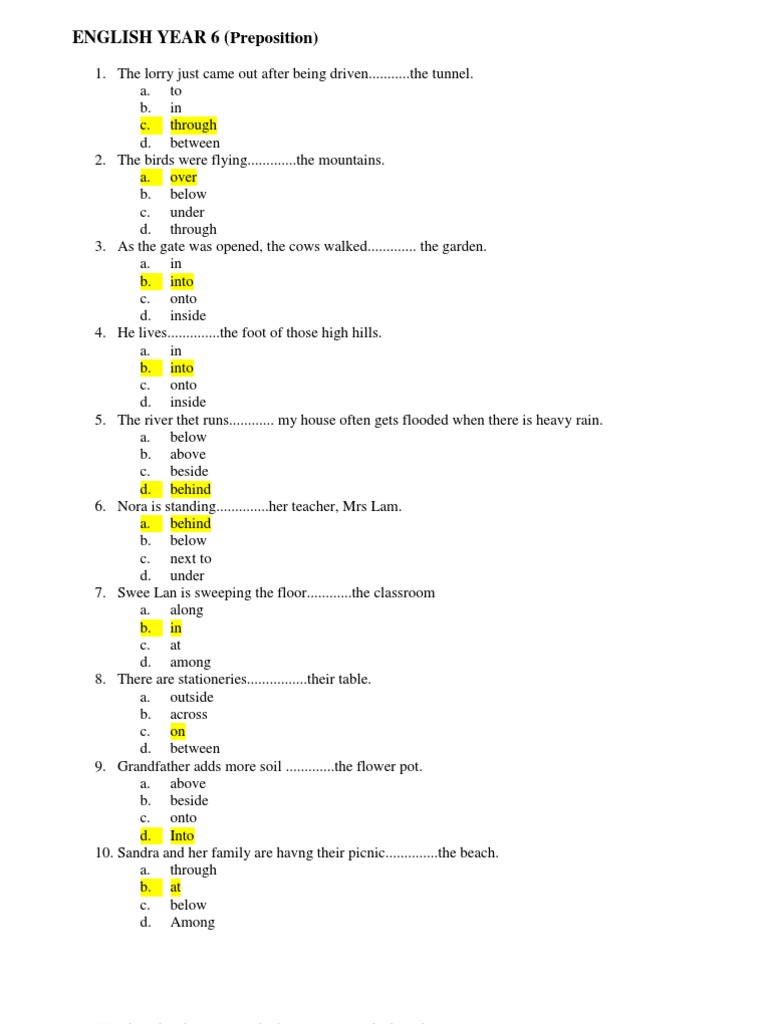 English Year 6 Prepositions | PDF | Leisure | Transport