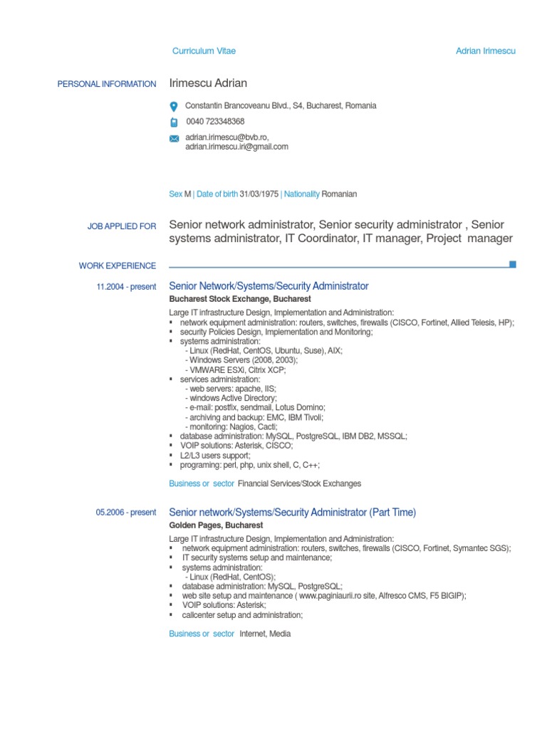 CV Adrian Irimescu en 2013 | PDF | Linux | My Sql