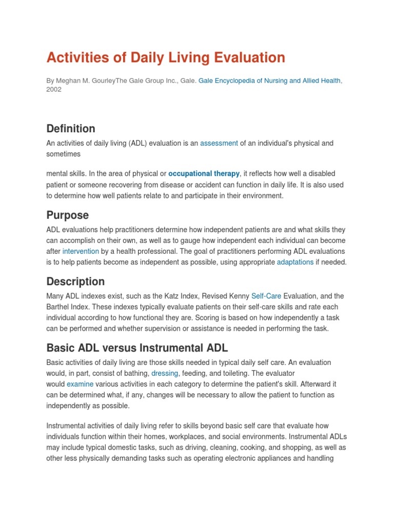 Activities of Daily Living Evaluation | PDF | Behavioural Sciences ...