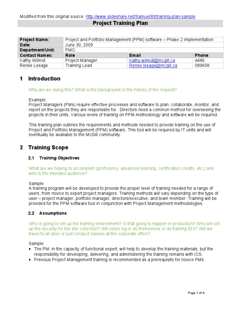 Training Plan Sample | PDF | Project Manager | Project Management