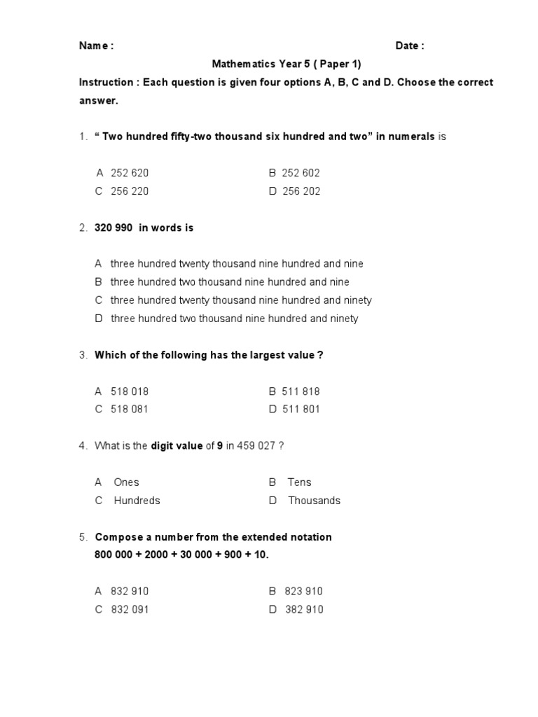 Math Mid Year 5 Paper 1 2012 | PDF | Teaching Mathematics | Science