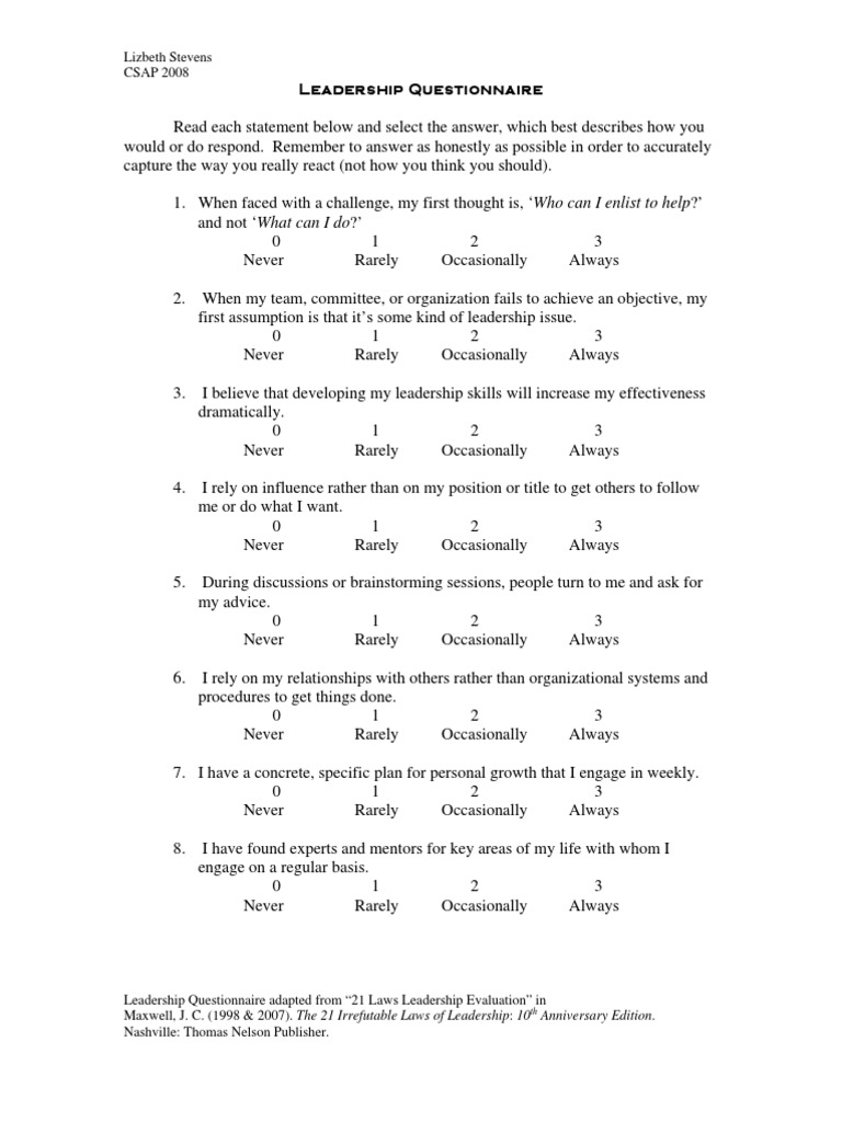 Leadership Questionnaire | Download Free PDF | Action (Philosophy ...