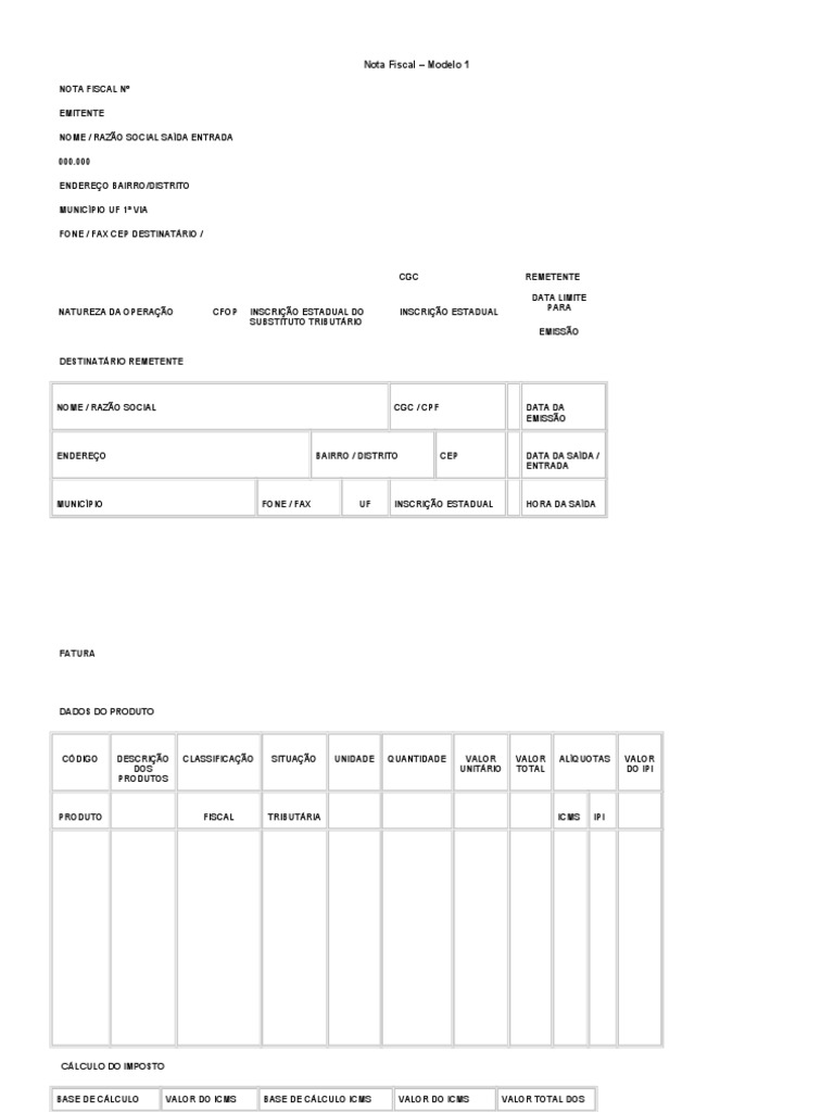 Nota fiscal modelo 1: título descrevendo detalhadamente os itens ...