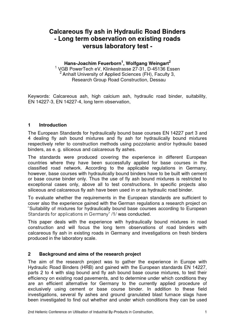 Calcareous Fly Ash in Hydraulic Road Binders - Long Term Observation On ...