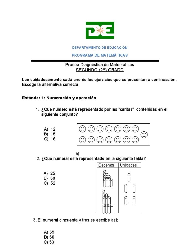 Prueba Diagnóstica Matemáticas 2° Grado | PDF | Sustracción | Rectángulo