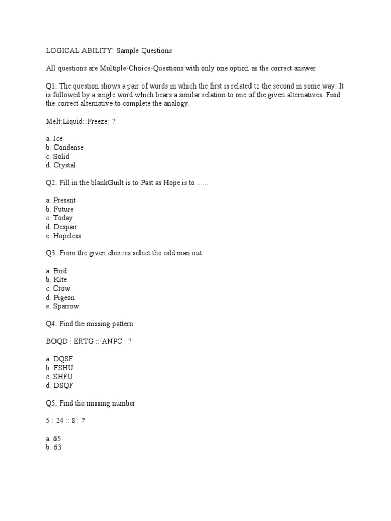 Smaple Questions on Logical Ability