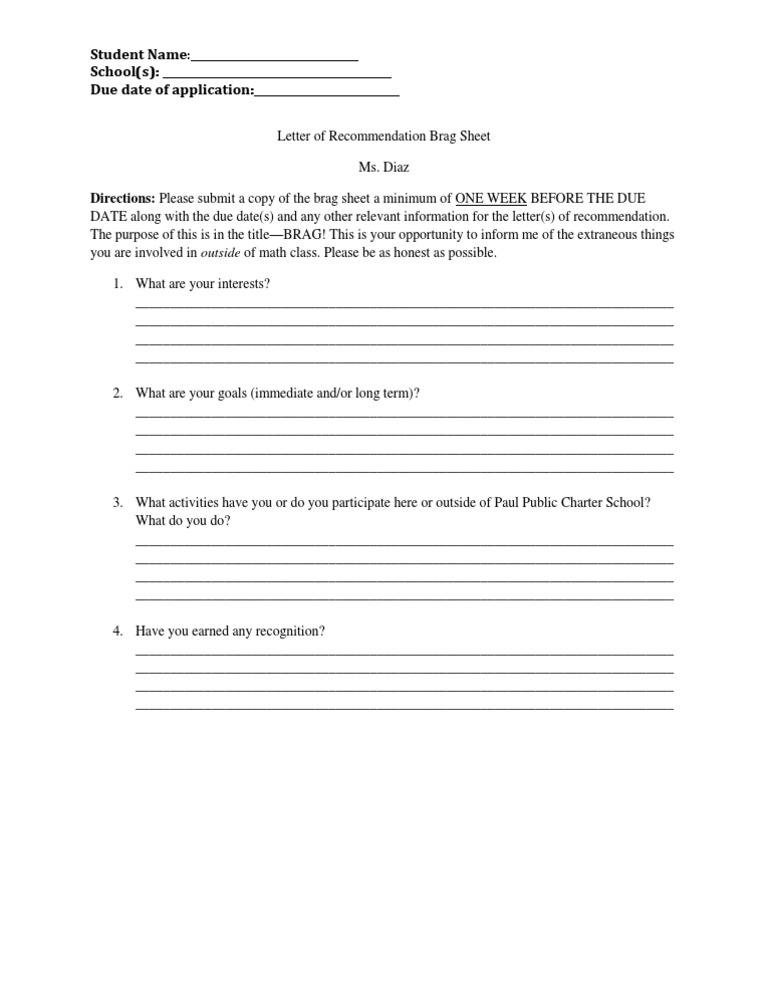 Letter of Recommendation Brag Sheet | PDF | Career & Growth