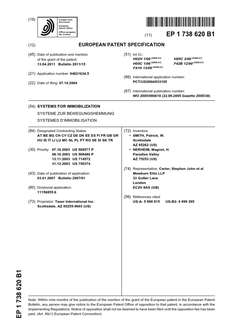 European Patent Specification: For Immobilization | PDF | Power Supply ...