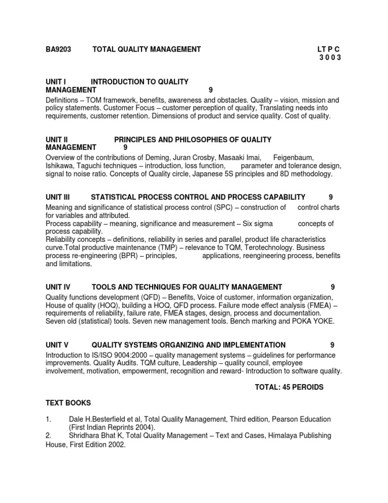 TQM Syllabus | PDF