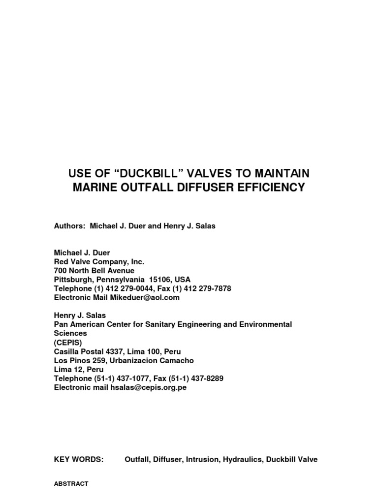 Use of "Duckbill" Valves To Maintain Marine Outfall Diffuser Efficiency ...