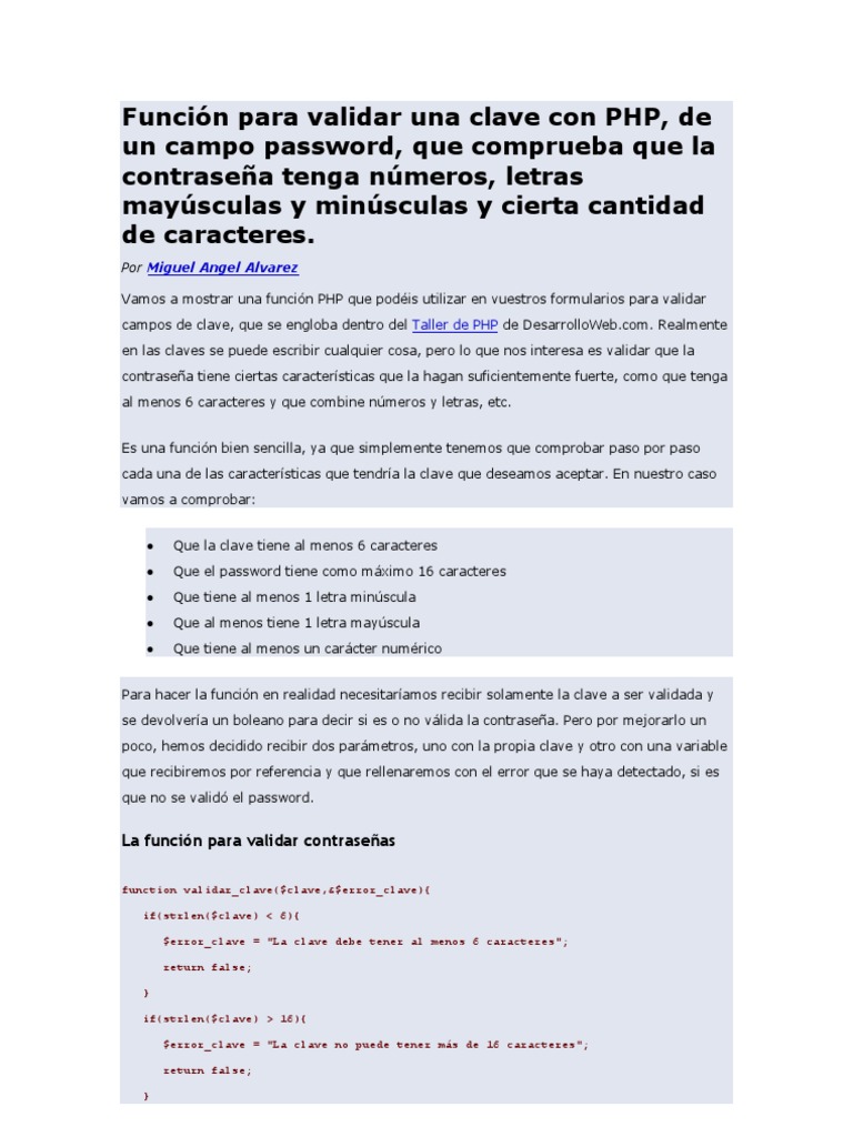 Función para Validar Una Clave Con PHP | PDF | Contraseña | Clave (criptografía)