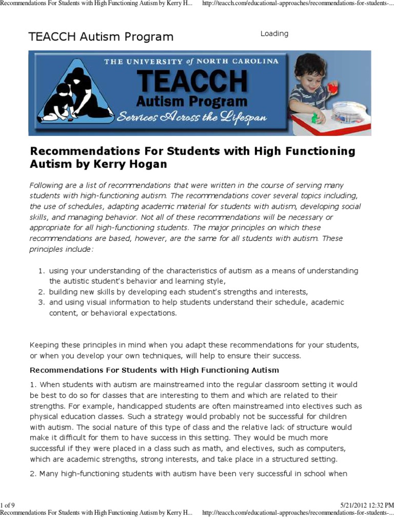 Recommendations For Students With High Functioning Autism by Kerry Hogan - TEACCH - UNC School ...