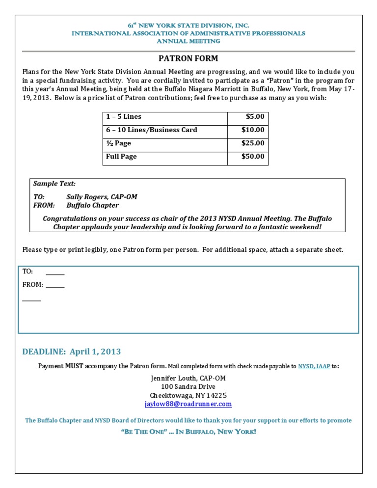Patron Form: 61 New York State Division, Inc. International Association ...