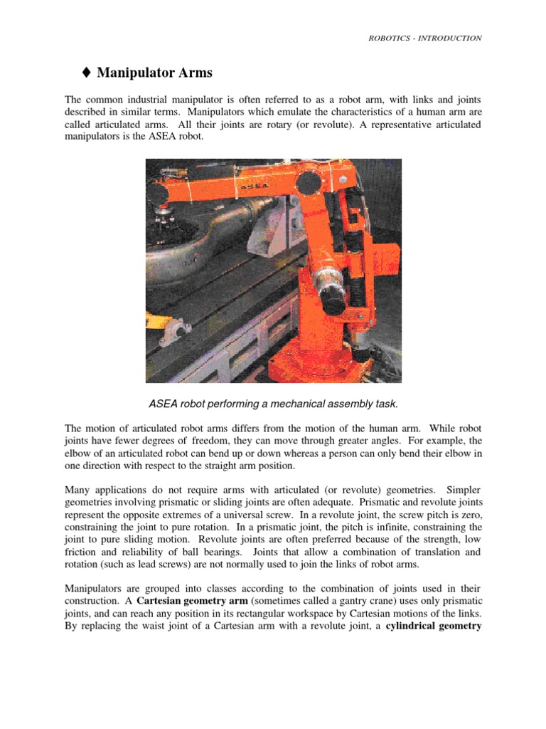 Manipulator Arms: ASEA Robot Performing A Mechanical Assembly Task ...