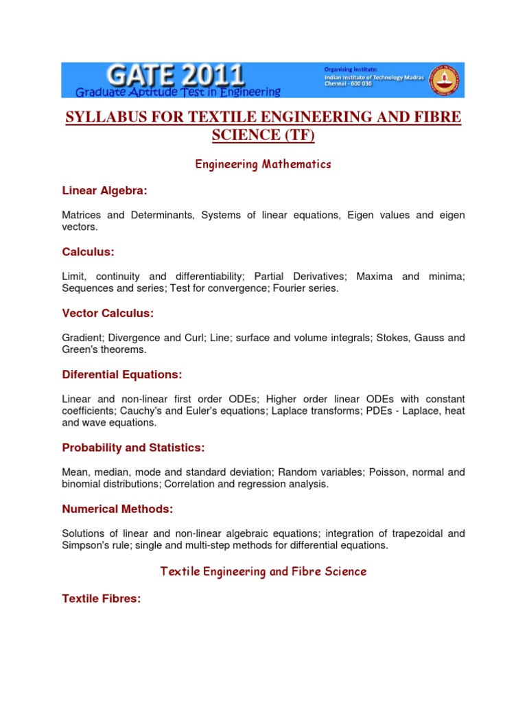 Syllabus For Textile Engineering and Fibre Science (TF) : Linear ...