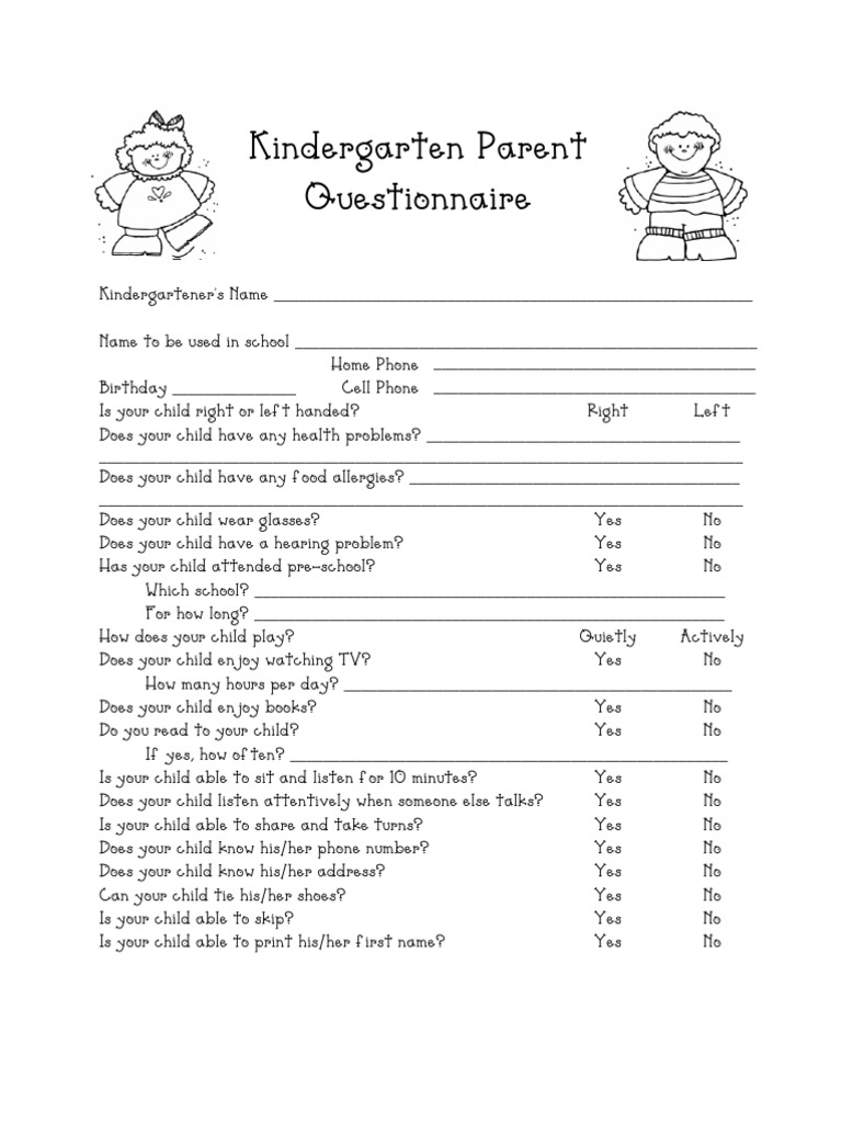 Kindergarten Parent Questionnaire | PDF | Wellness