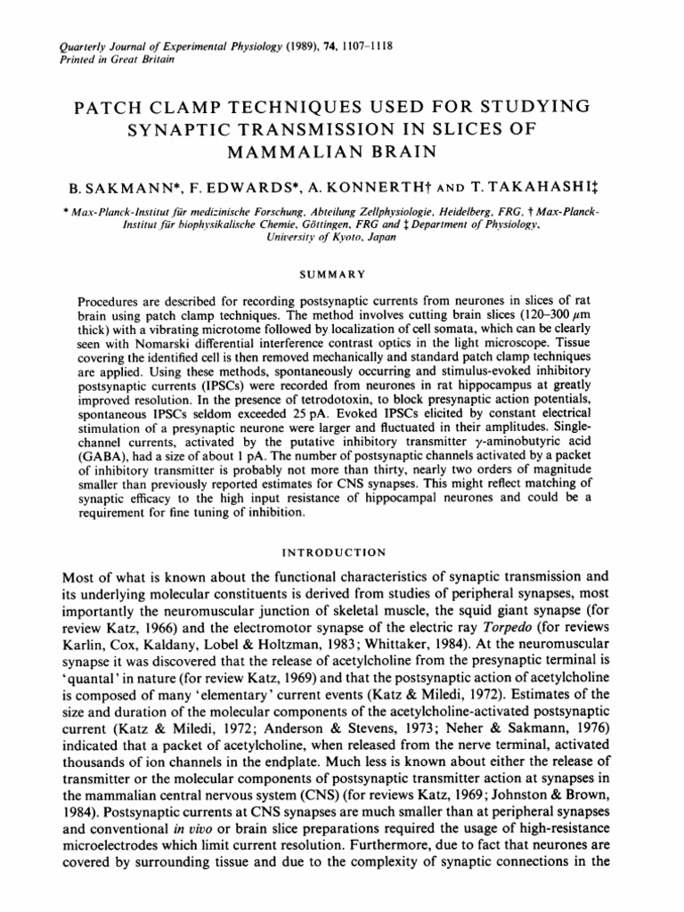 Exp Physiol 1989 Sakmann 1107 18 | PDF | Chemical Synapse | Inhibitory ...