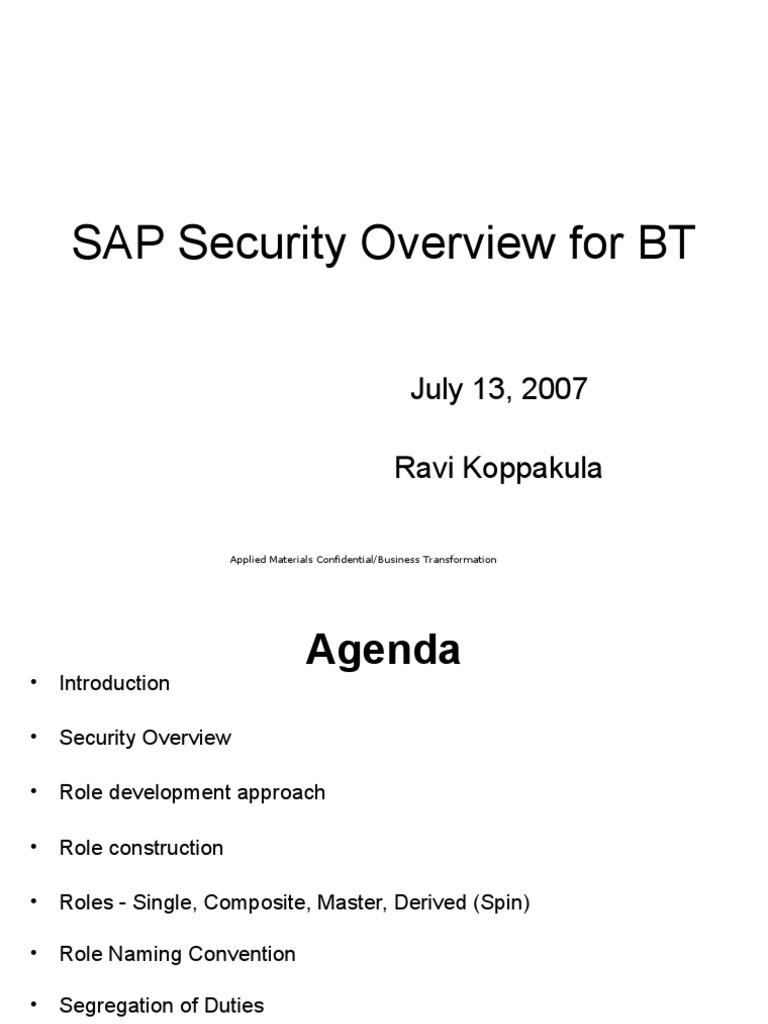 SAP Security Overview For BT: July 13, 2007 Ravi Koppakula | PDF ...