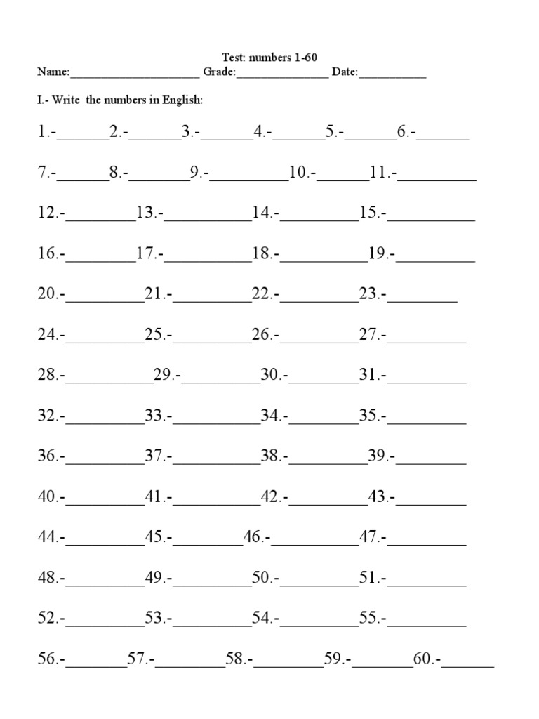 Numbers 1-60 English Test Worksheet | PDF