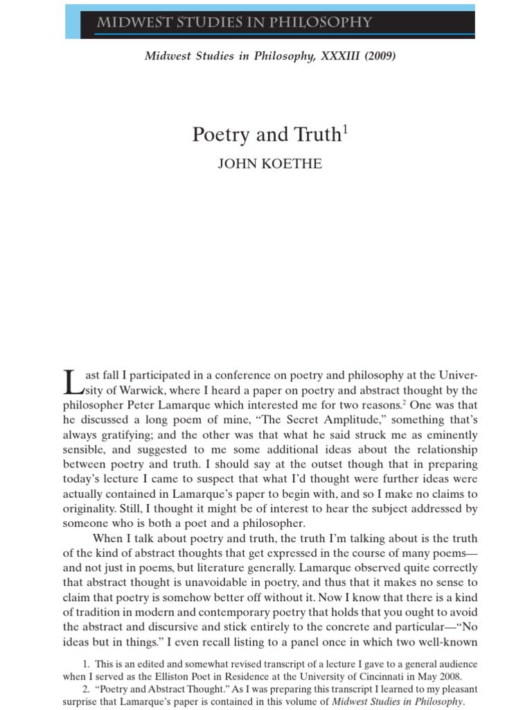 Poetry and Truth Koethe Midwest Studies in Philosophy | PDF | Truth ...