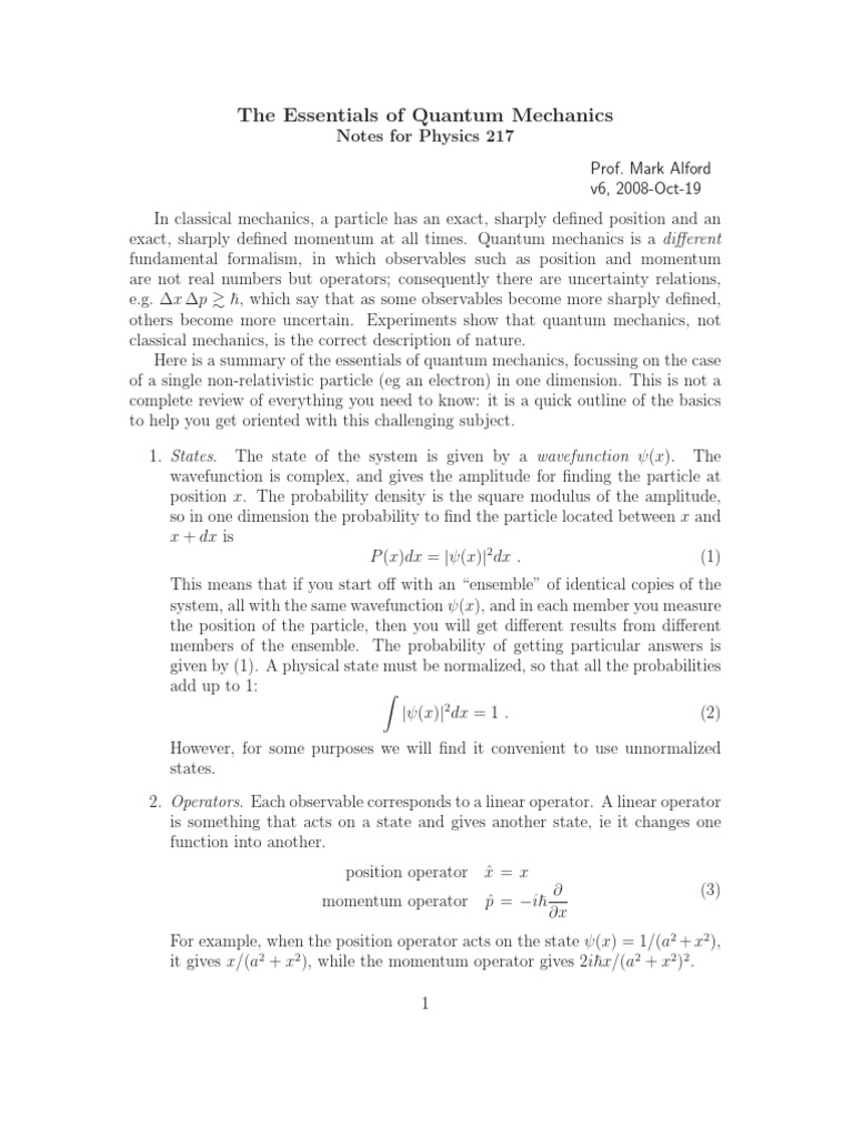 Essentials of QUANTUM MECHANICS | PDF | Wave Function | Hamiltonian (Quantum Mechanics)