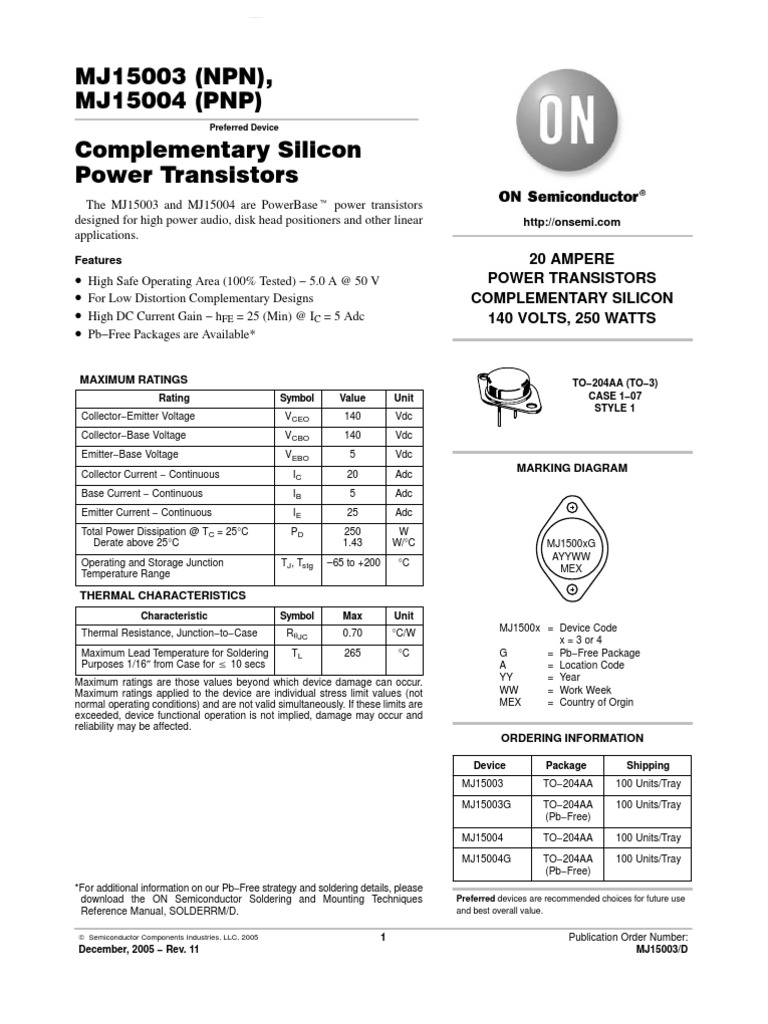 MJ 15003 (NPN) | PDF | Bipolar Junction Transistor | Transistor