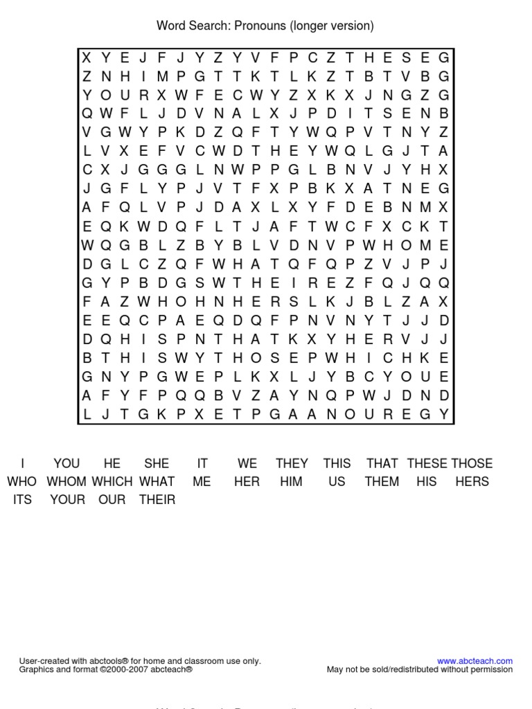 Word Search Pronouns Ws Hard | PDF | Lexical Semantics