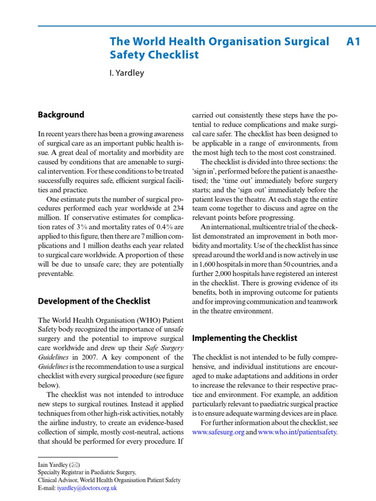 The World Health Organisation Surgical Safety Checklist A1: I. Yardley ...