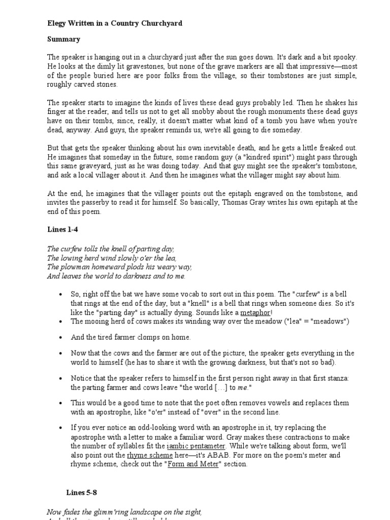 Elegy Written in A Country Churchyard Summary | PDF | Headstone | Metre ...