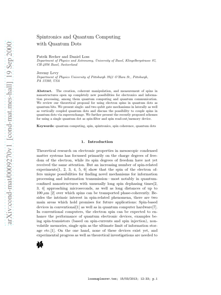 Spintronics and Quantum Computing With Quantum Dots | PDF | Quantum ...