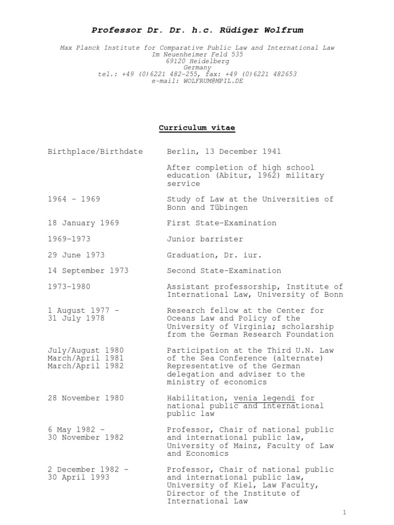 Professor Dr. Dr. H.C. Rüdiger Wolfrum: Curriculum Vitae | PDF ...